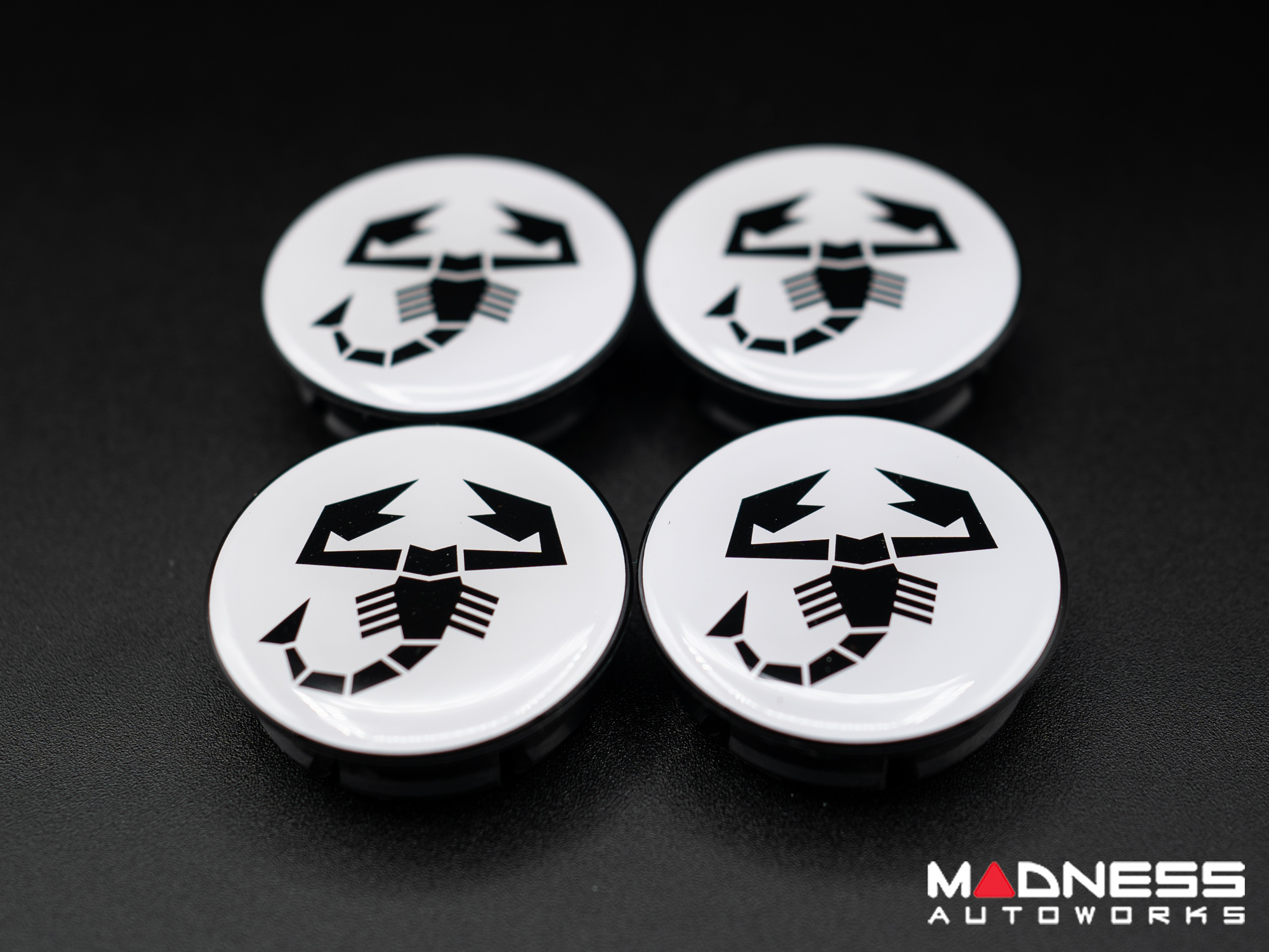 FIAT 500 Center Caps - White w/ Black Scorpion , F500-WHLCP-WHT-BLK ...