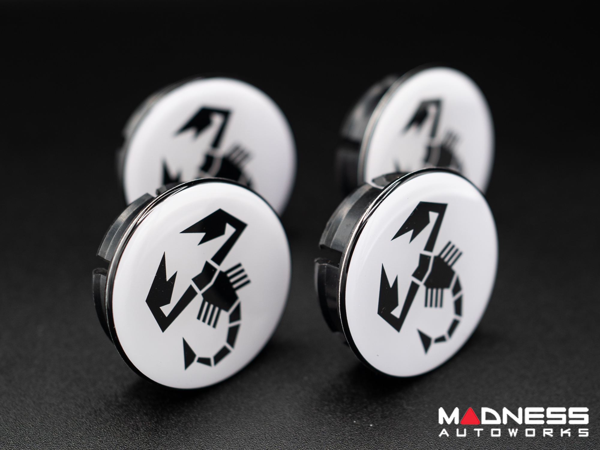 FIAT 500 Center Caps - White w/ Black Scorpion , F500-WHLCP-WHT-BLK ...